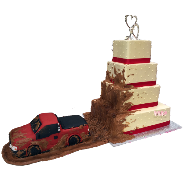 (1813) 4 Tier Wedding cake with Red Pickup spraying mud - ABC Cake Shop ...