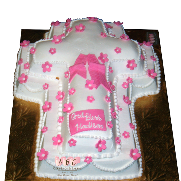 (2044) Cross Cake with Pink Accents - ABC Cake Shop & Bakery